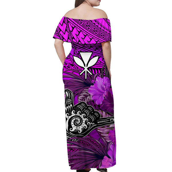 The Shaka Hawaii Off Shoulder Long Dress Tropical Flowers Purple ...