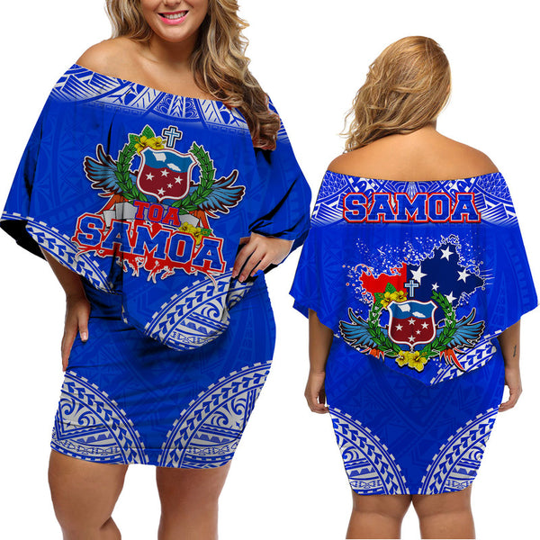 Toa Samoa Polynesian Rugby Women Off Shoulder Short Dress Samoan Flag ...