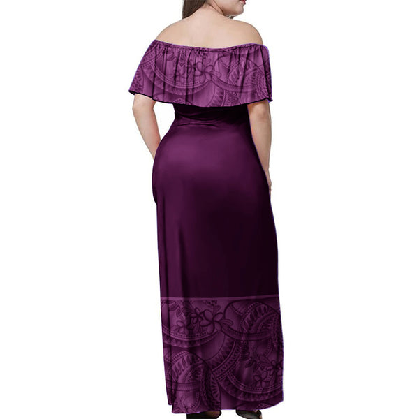 Polynesian Pride Dress - Plum Purple Samoan Elei Pattern Off Shoulder ...