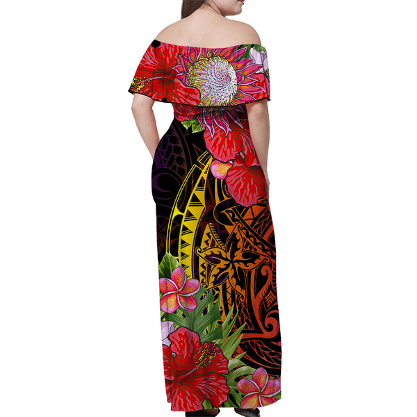 Tahiti French Polynesia Off Shoulder Long Dress Tropical Hippie Style LT4