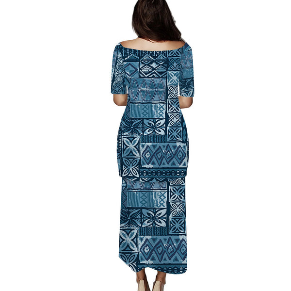 (Custom Personalised) Polynesian Puletasi Dress Blue Tapa Tribal Fabric ...