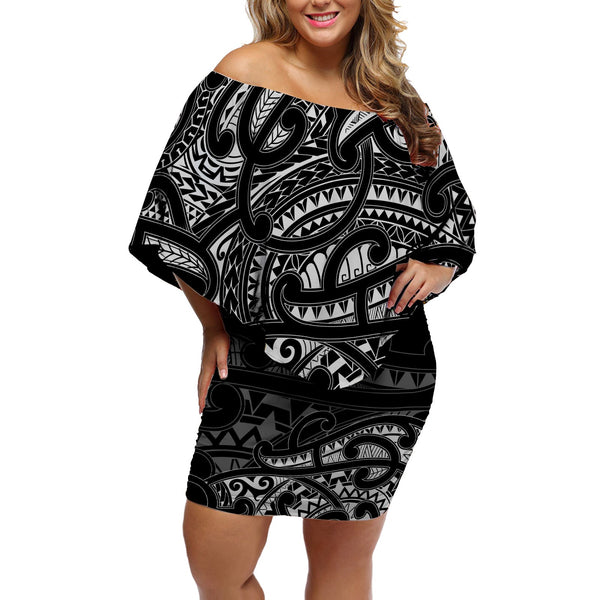 Maori Off Shoulder Short Dress Moko Curve Simple Style LT7