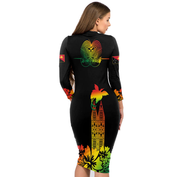 PNG Hibiscus Tribal Pattern Long Sleeves Dress Motuan Reggae Color LT7