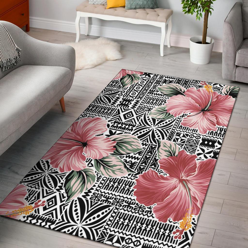 Polynesian Area Rug - Pink Hibiscus Flower With Hawaiian Tribal Motifs