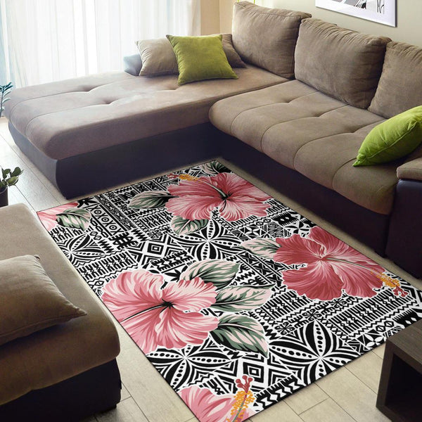 Polynesian Area Rug - Pink Hibiscus Flower With Hawaiian Tribal Motifs