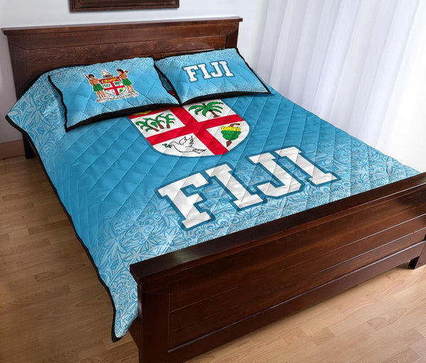 Fiji Tapa Quilt Bed Set - Fiji Flag Coat Of Arms Polynesian Blue Frog