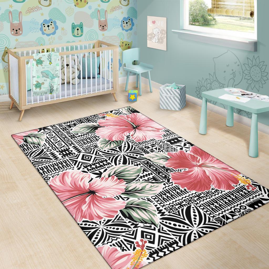Polynesian Area Rug - Pink Hibiscus Flower With Hawaiian Tribal Motifs
